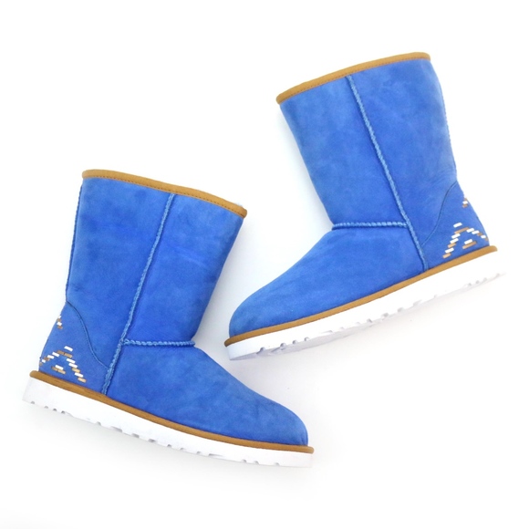 UGG | Shoes | Ugg Short Classic Rustic Weave Blue Sheepskin Boot | Poshmark